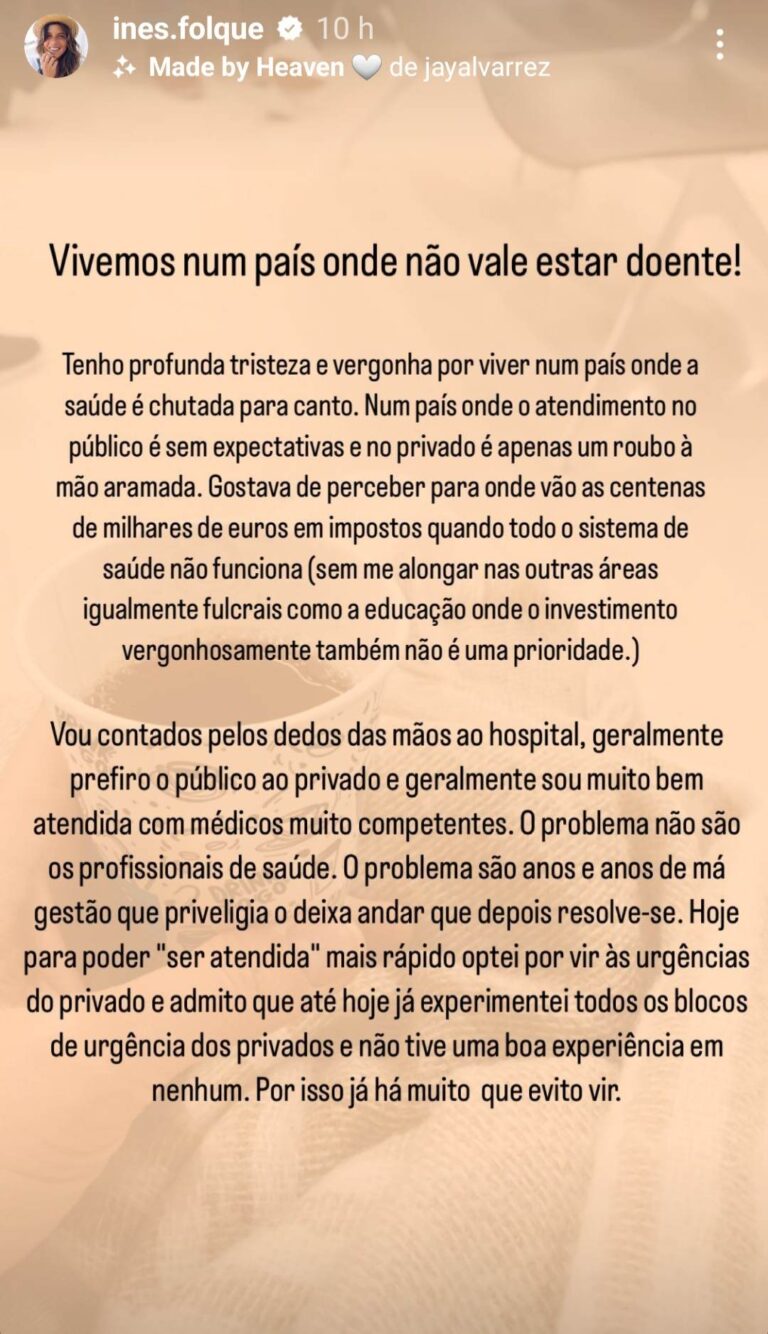 Inês Folque indignada: "Vivemos num país onde não vale estar doente!"