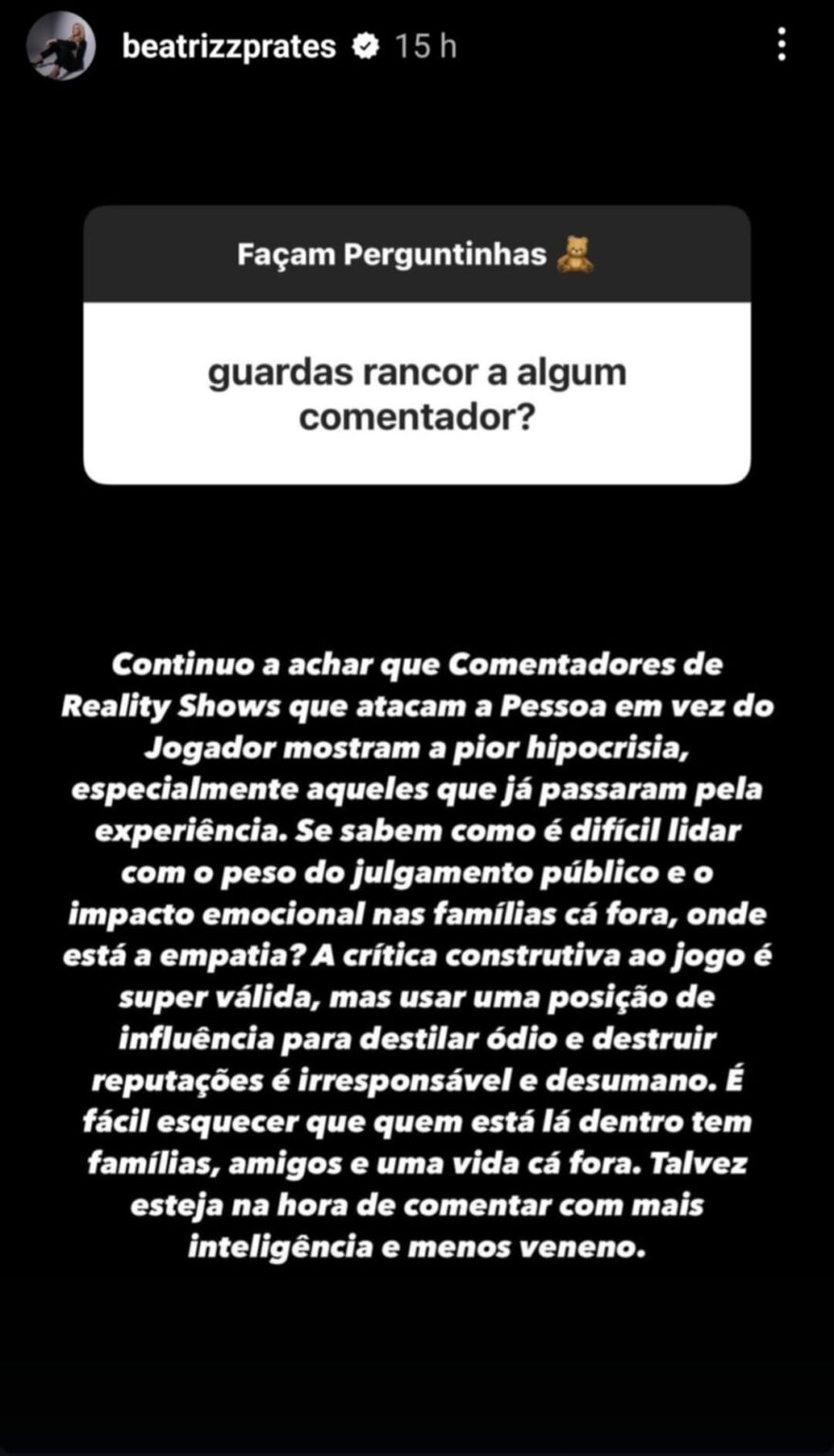Beatriz Prates não perdoa comentadores: "destilar ódios e destruir ...
