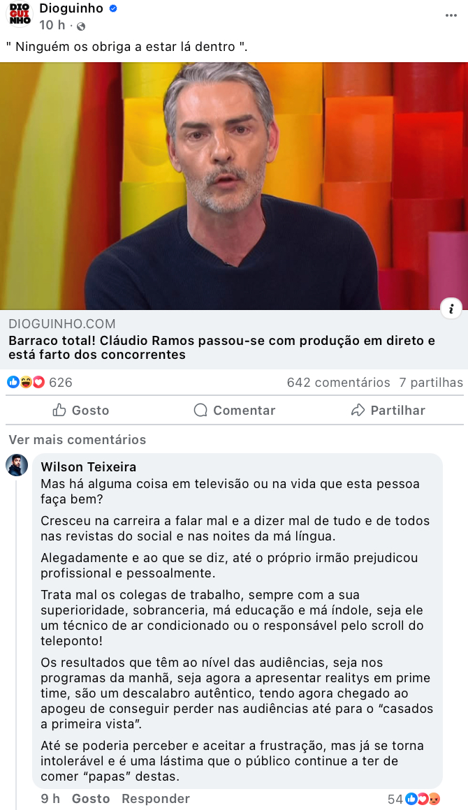 Wilson Teixeira atira-se a Cláudio Ramos após barraco em direto na TVI
